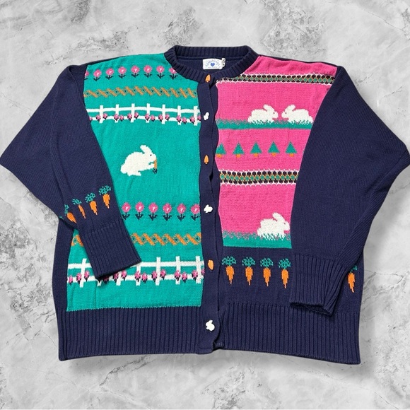 Skirts | Vintage Easter Cardigan Blue And Pink Bunnies And Carrot ...